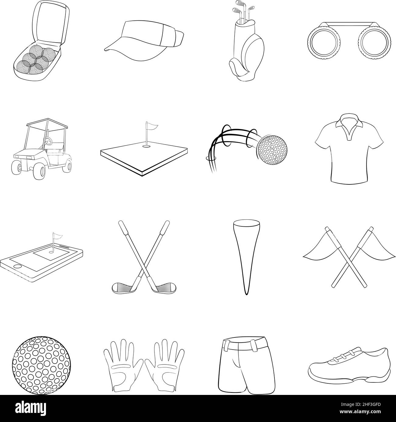 Golf set icons in outline style isolated on white background Stock ...