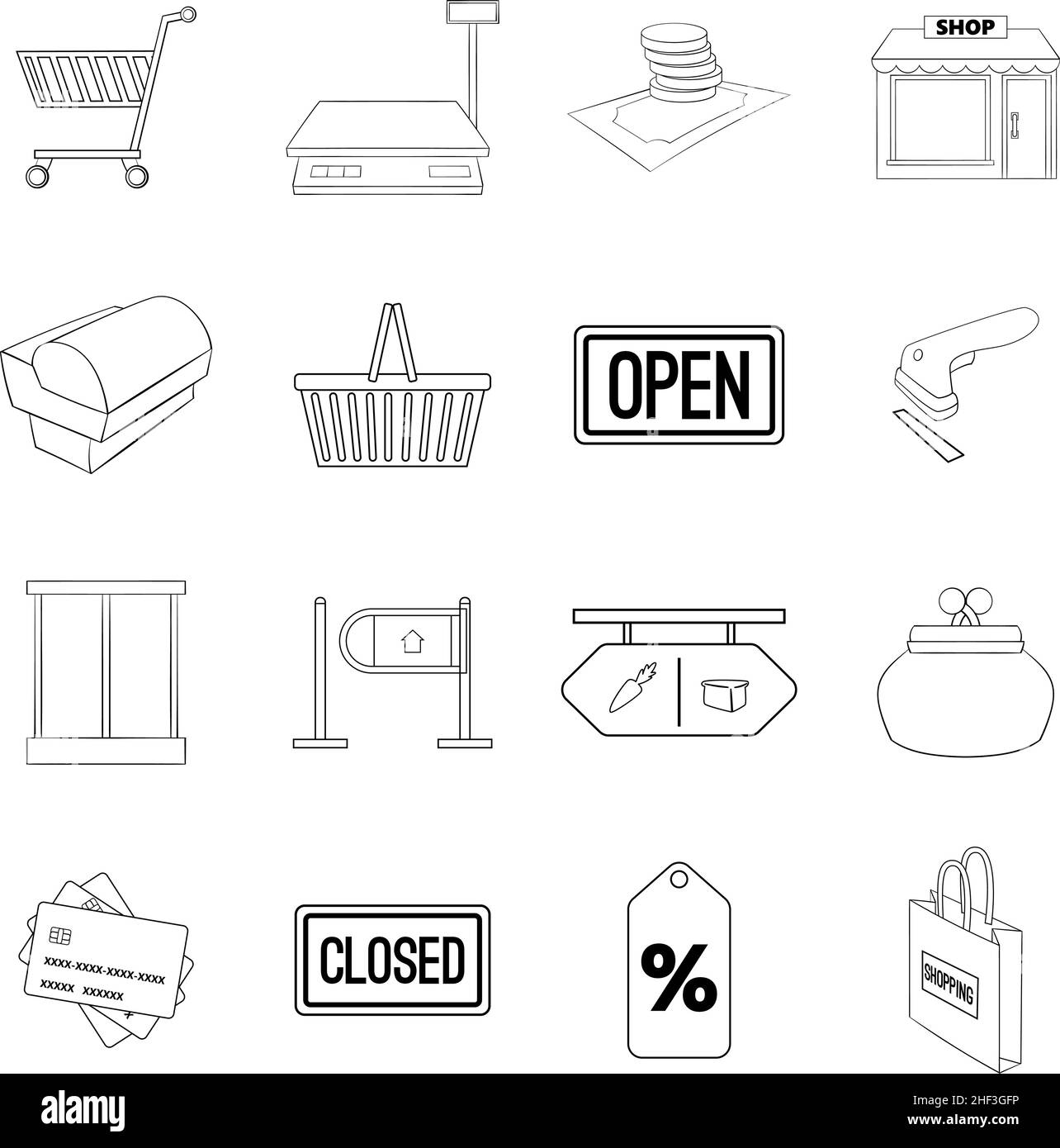 Retail set icons in outline style isolated on white background Stock ...