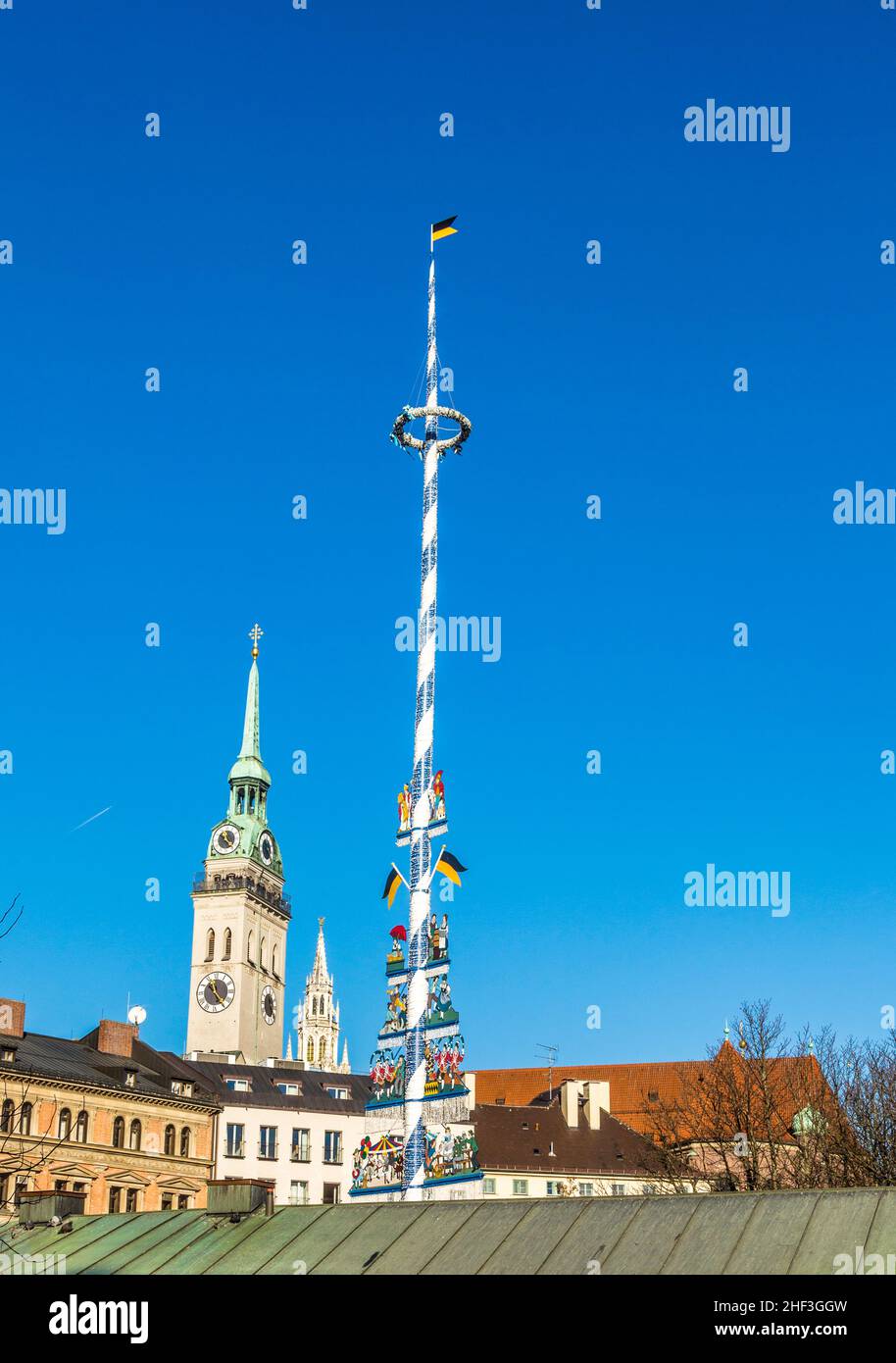 Munich, Germany, Bavarian Maypole on Viktualienmarkt, a famous market ...