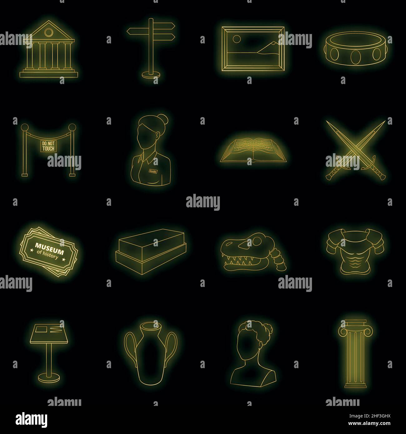 Museum icons set in neon style. Antique and culture symbols set ...