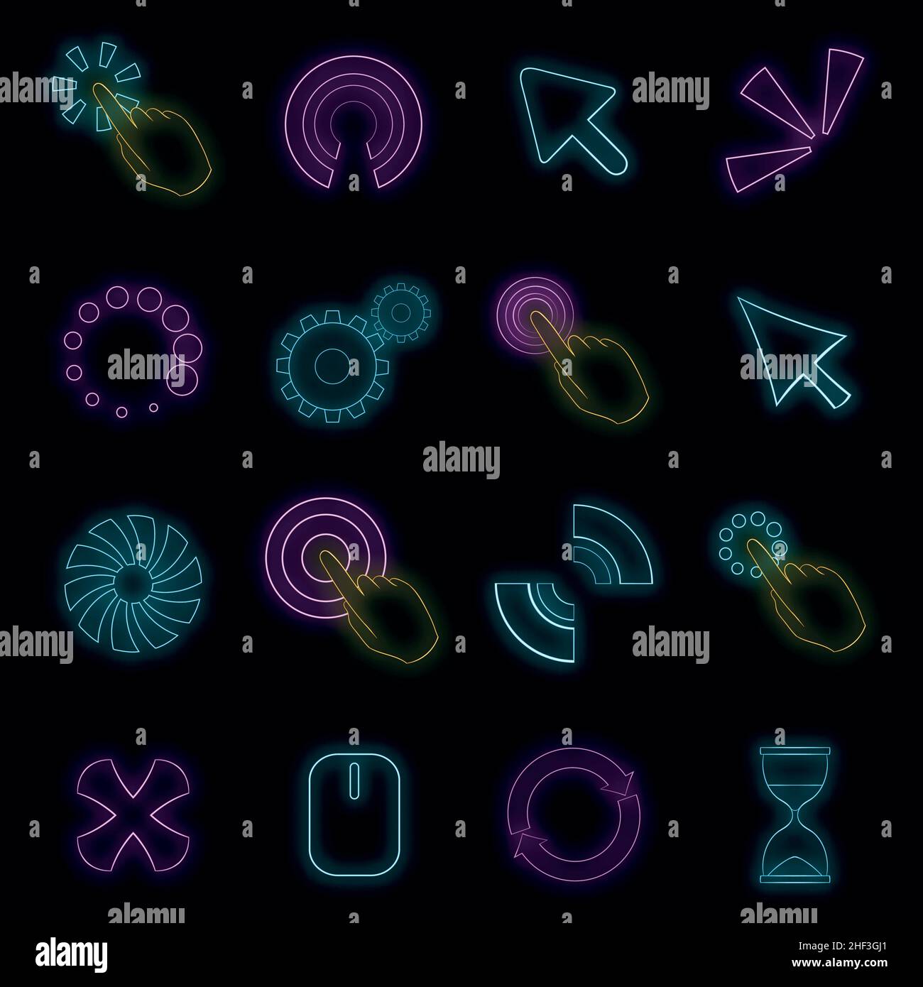 Click cursors icons set. Illustration of 16 Click cursors vector icons neon color on black Stock ...