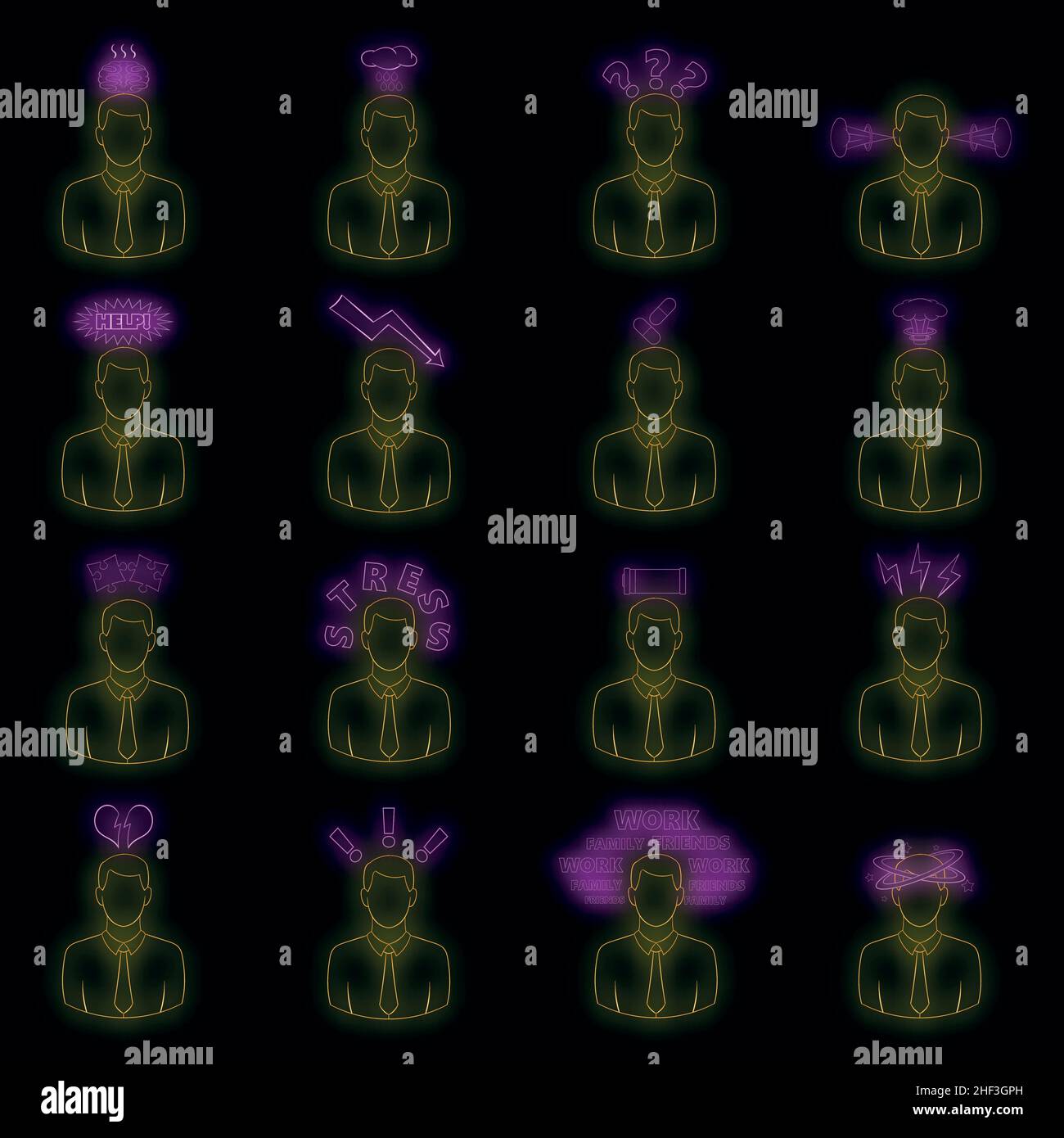 Stress icons set. Illustration of 16 stress vector icons neon color on ...
