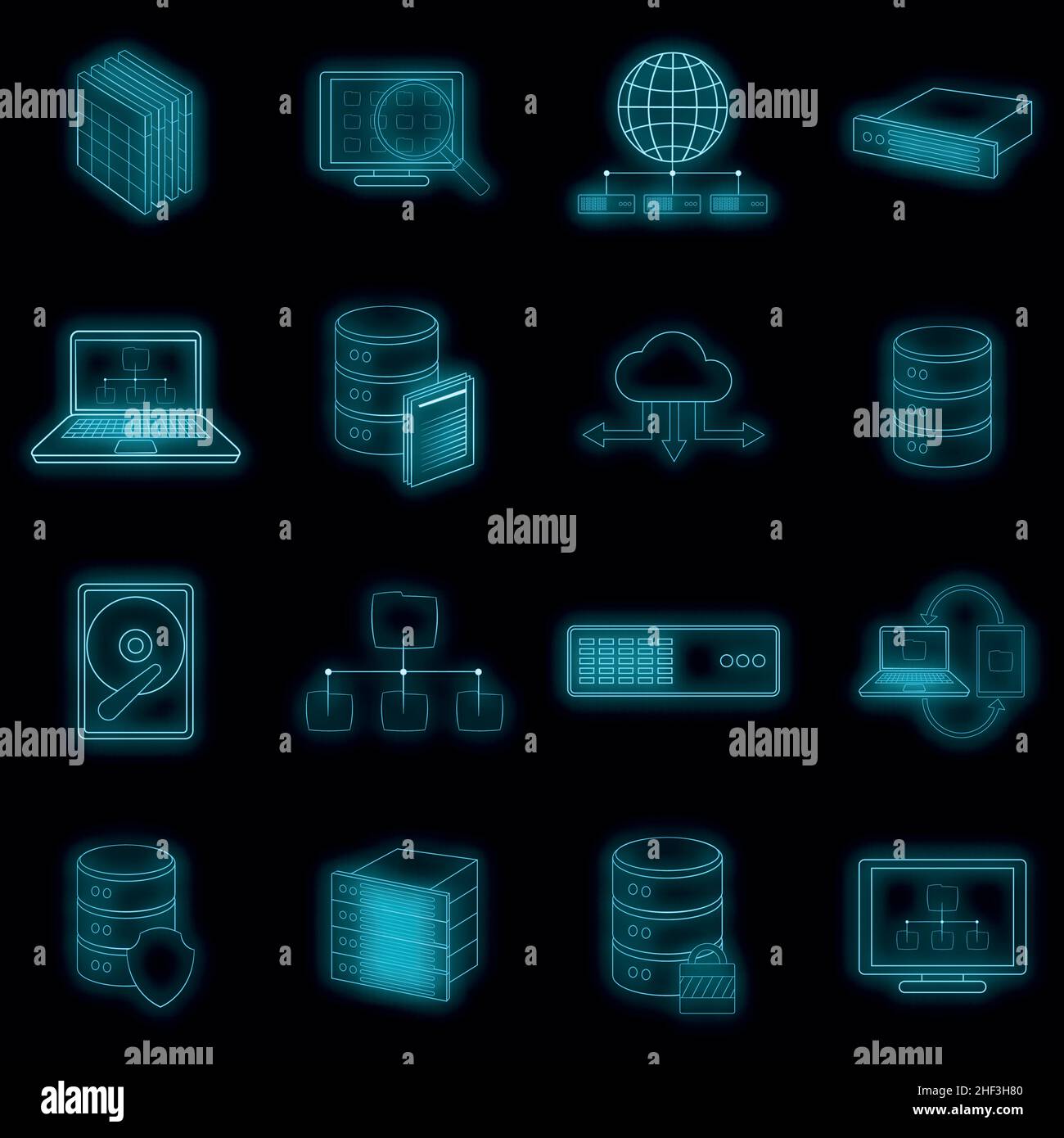 Data base icons set. Illustration of 16 data base vector icons neon ...