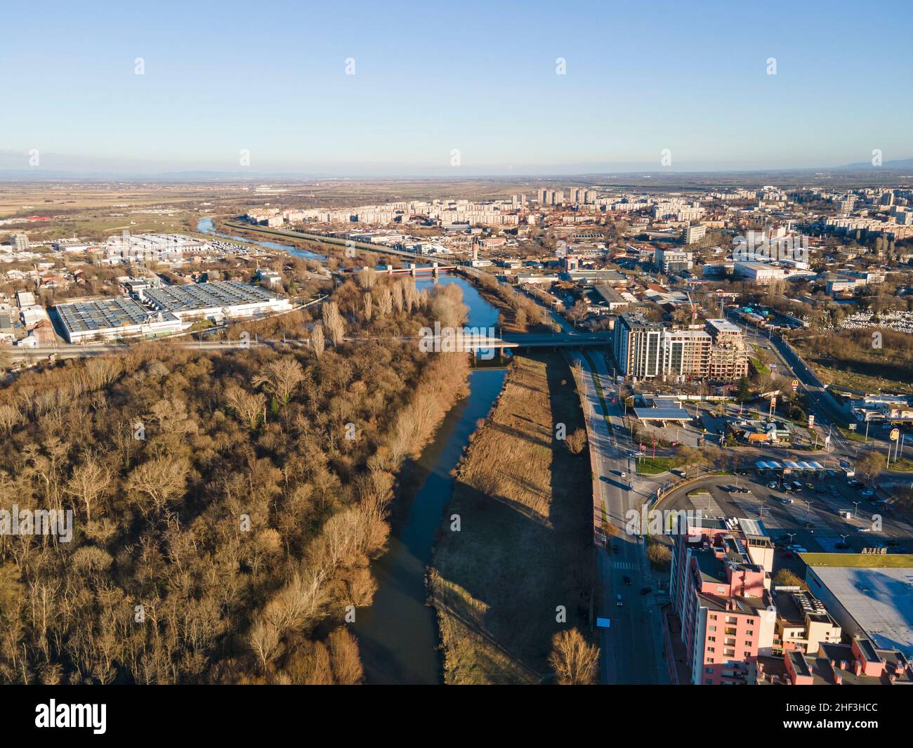 Amazing Aerial view of Maritsa river and panorama to City of Plovdiv ...