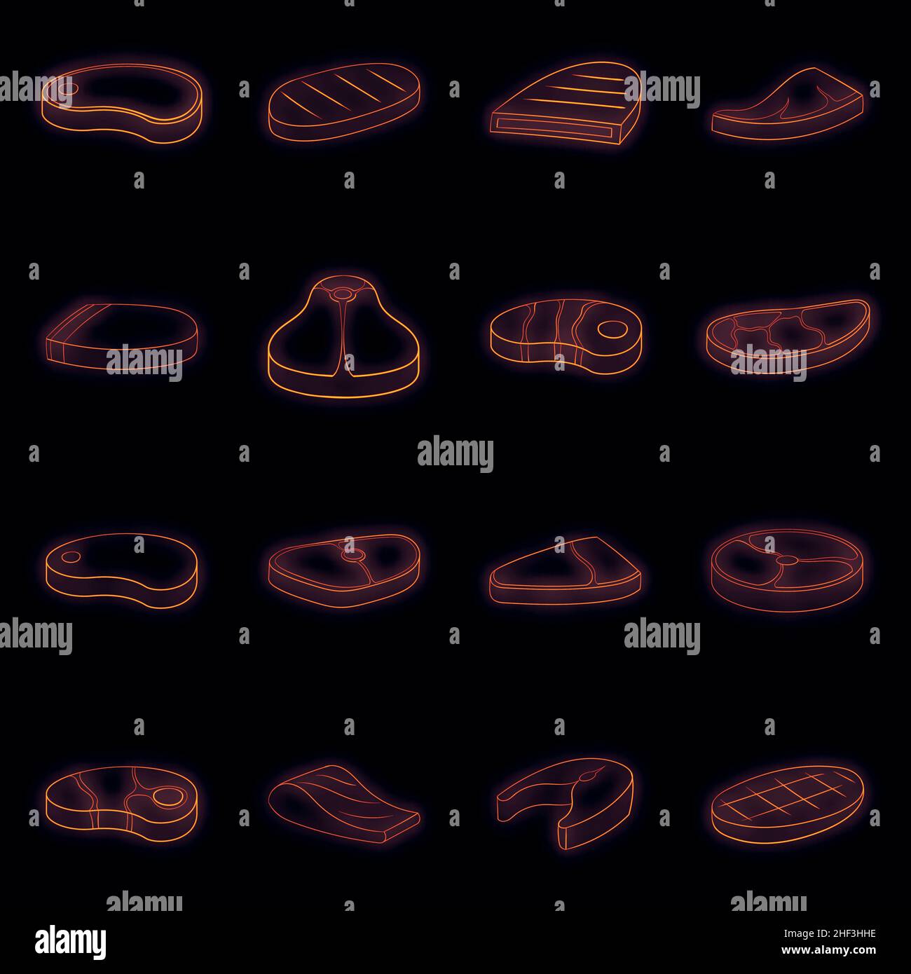 Steak icons set. Illustration of 16 steaks vector icons neon color on ...