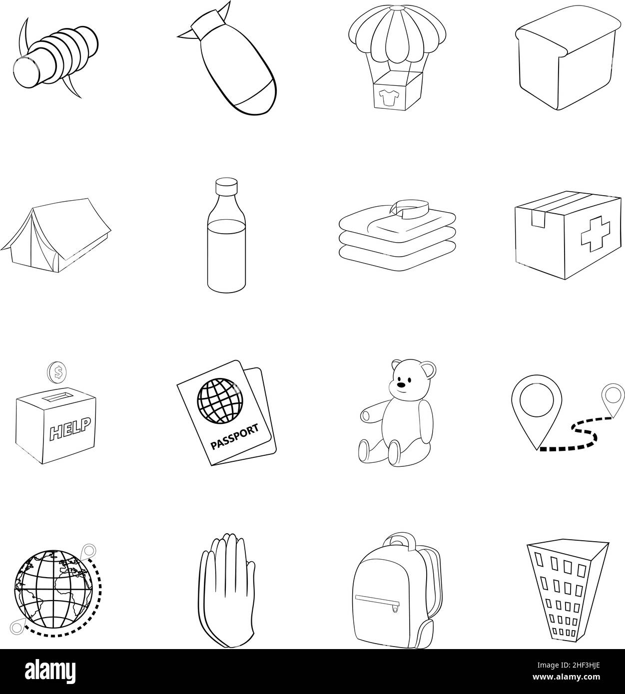 Refugees set icons in outline style isolated on white background Stock ...