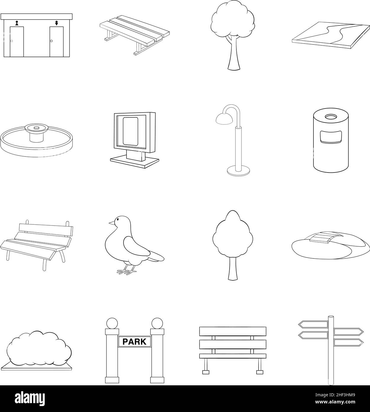 Park set icons in outline style isolated on white background Stock ...