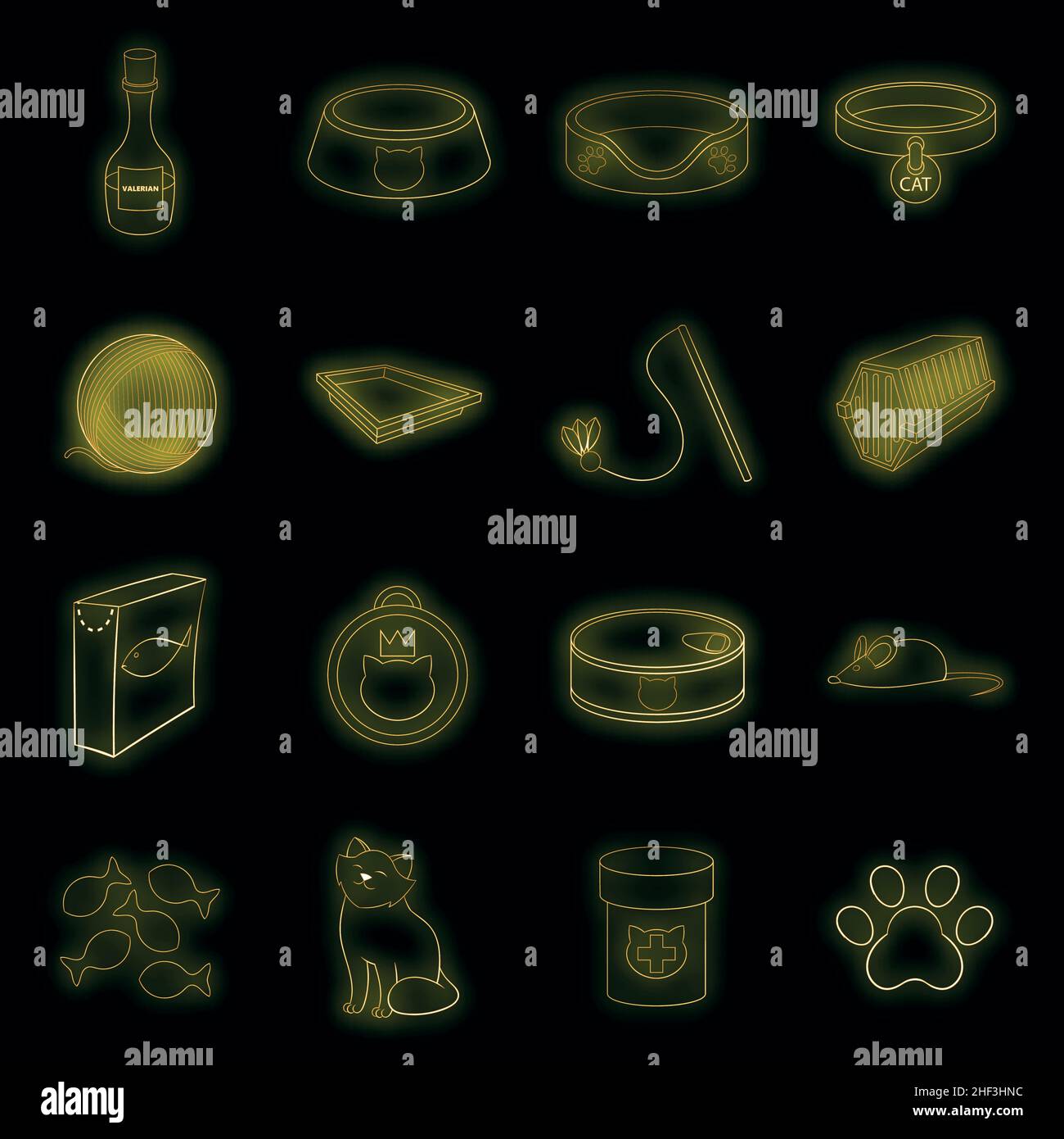 Cats accessories icons set. Illustration of 16 cats accessories vector ...