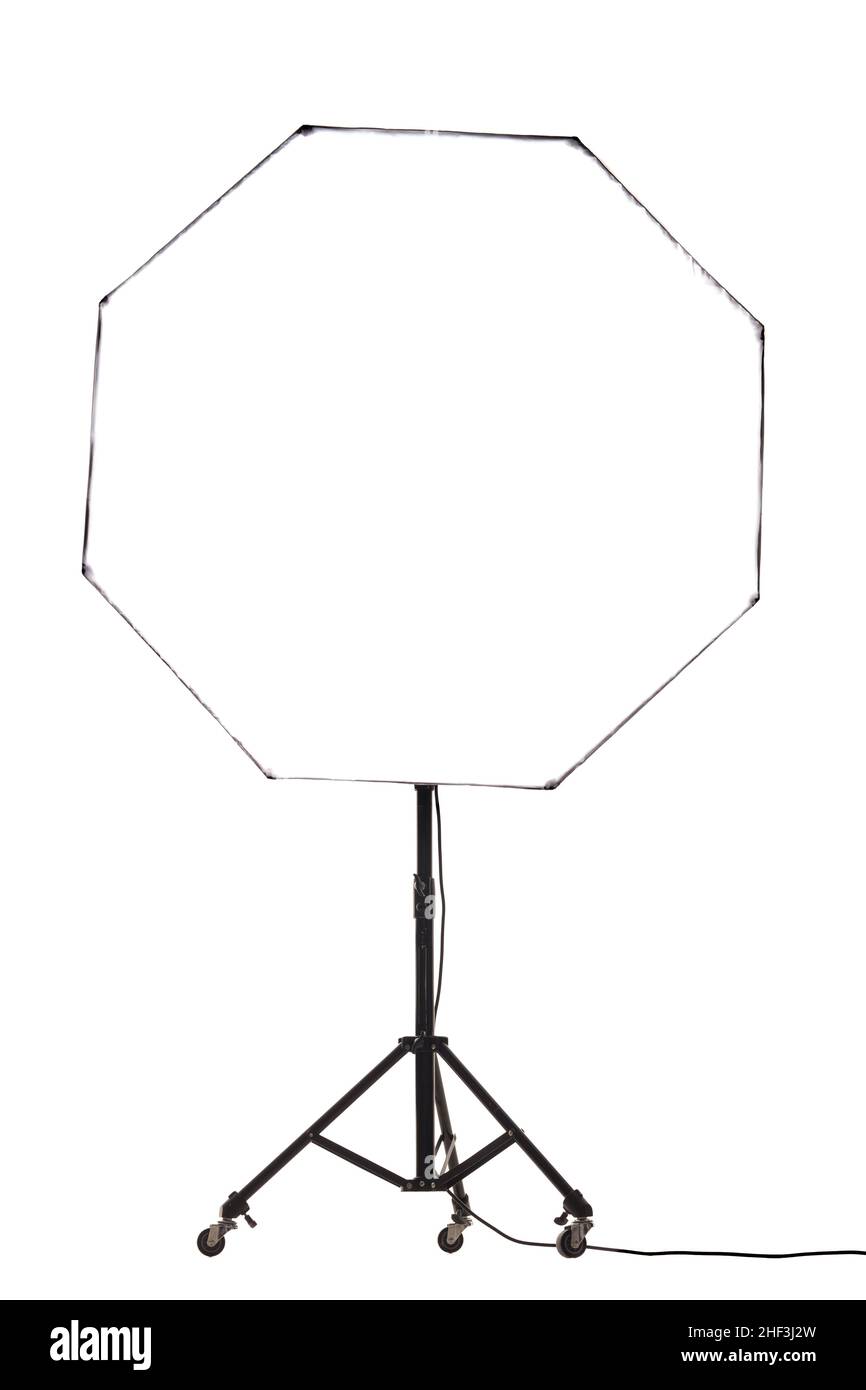 Flash light with octagonal octagon softbox on stand with wheels. Studio ...