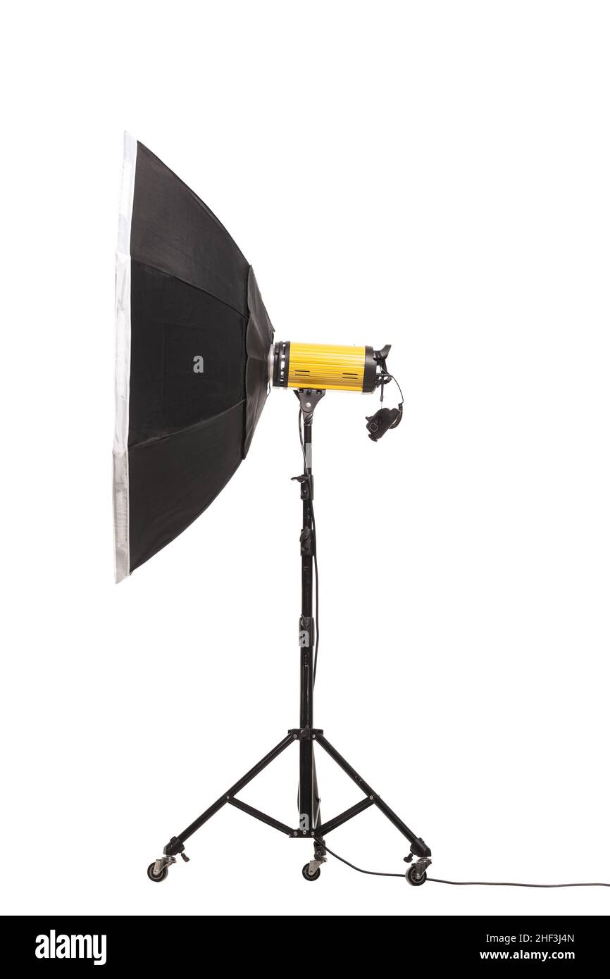 Flash light with octagonal octagon softbox on stand with wheels. Studio ...