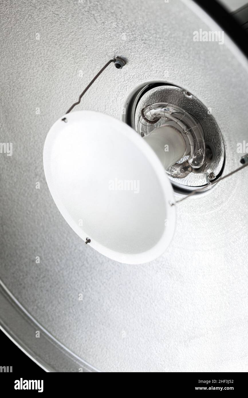 Close up photography studio equipment. Flash bulb and modeling light ...