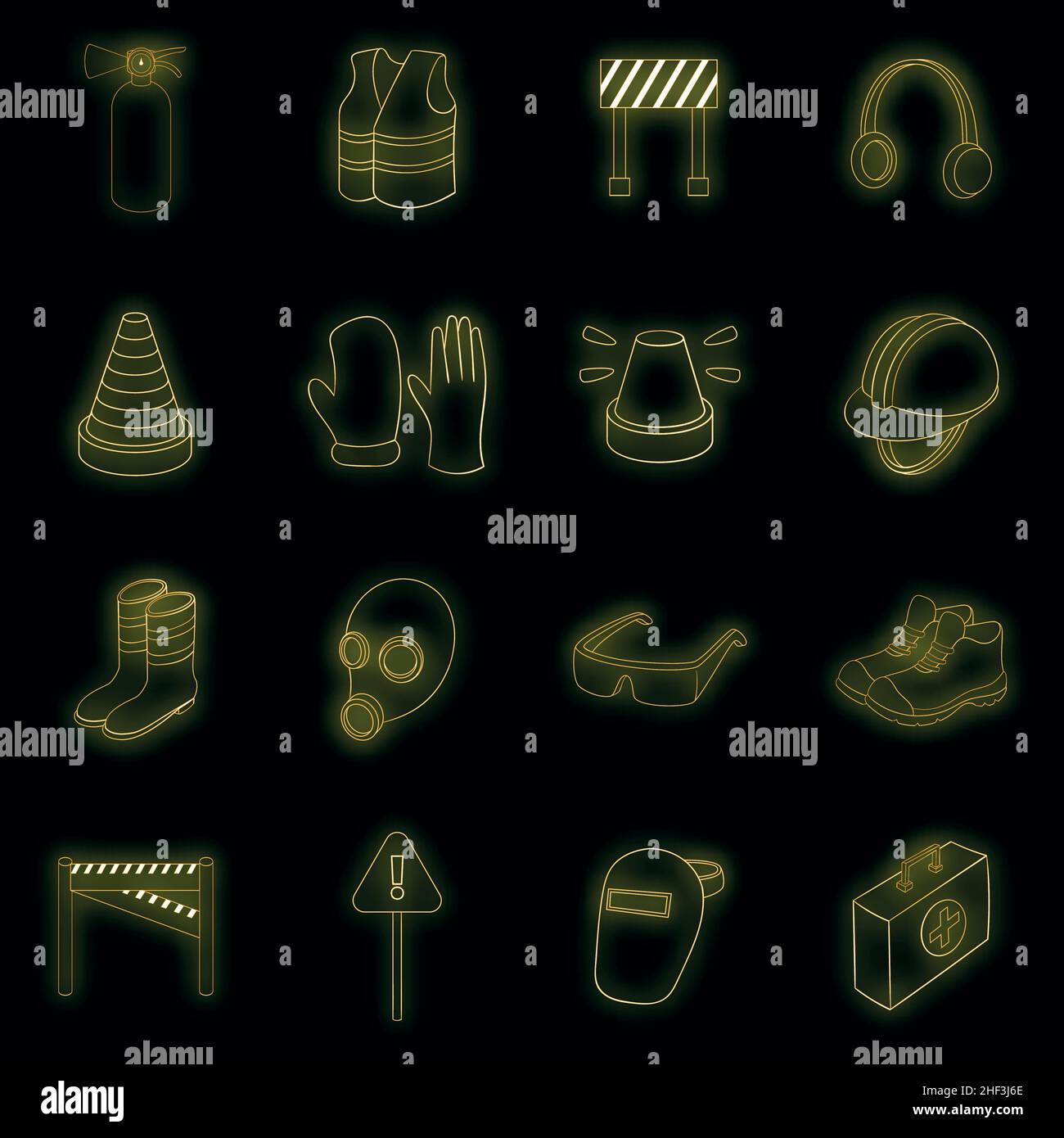 Safety work icons set. Illustration of 16 safety work vector icons neon ...