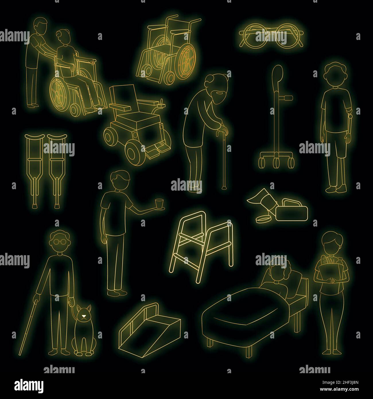 Disability people care icons set. Illustration of 16 disability people ... Disability people care icons set. Illustration of 16 disability people ...