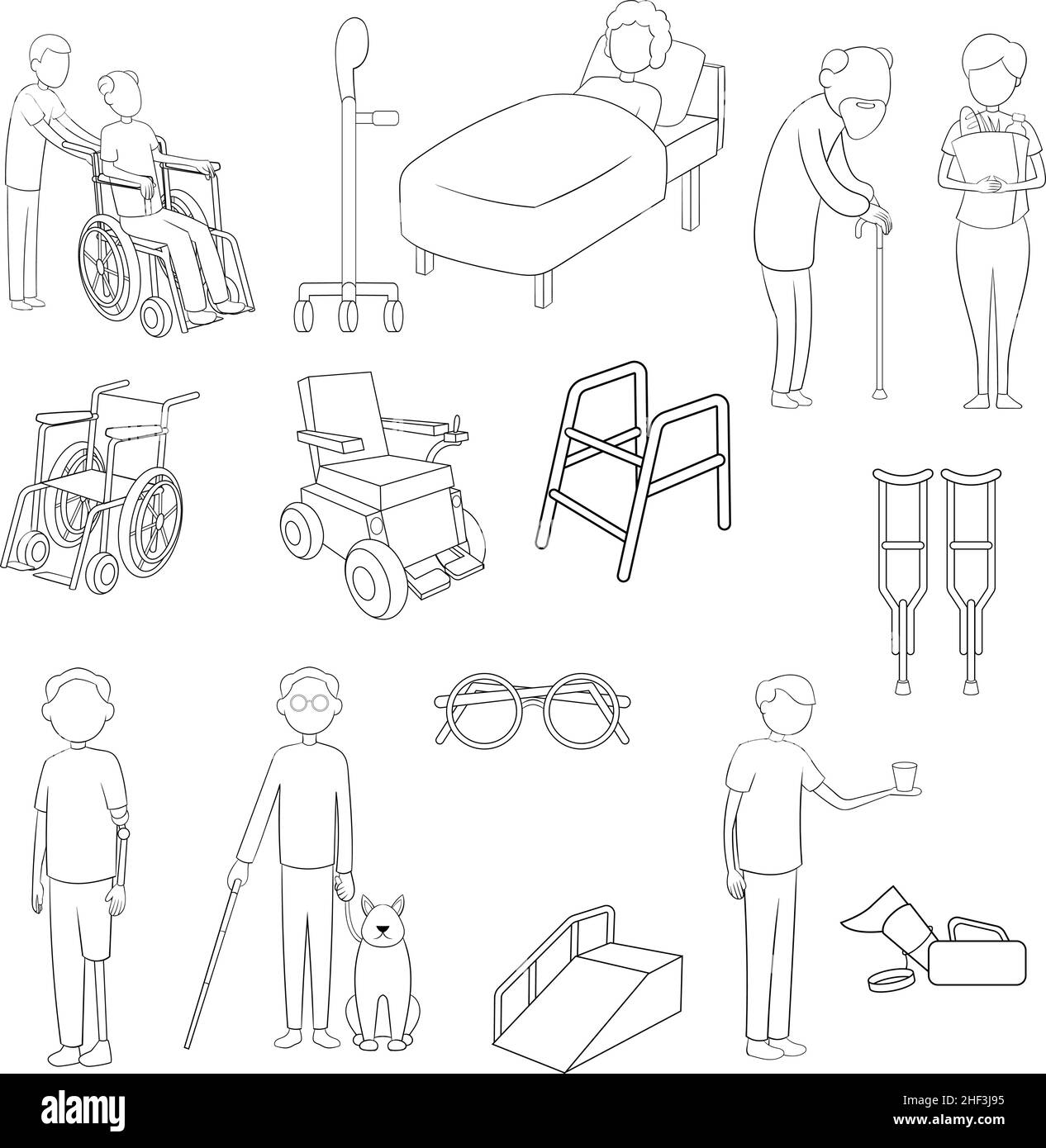 Disability people care set icons in outline style isolated on white ... Disability people care set icons in outline style isolated on white ...