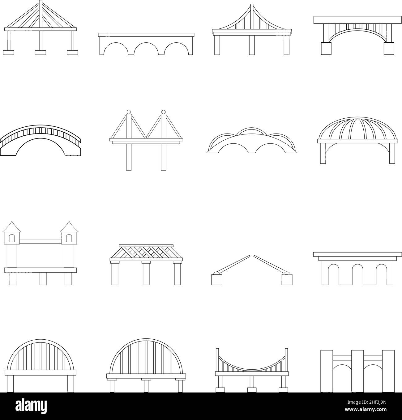 Bridge construction set icons in outline style isolated on white ...