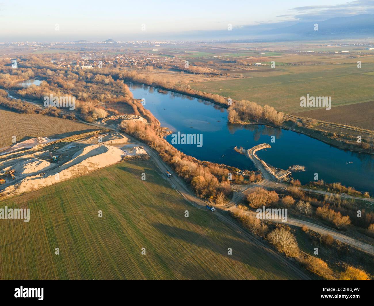 Aerial view of Vacha River, pouring into the Maritsa River near city of ...