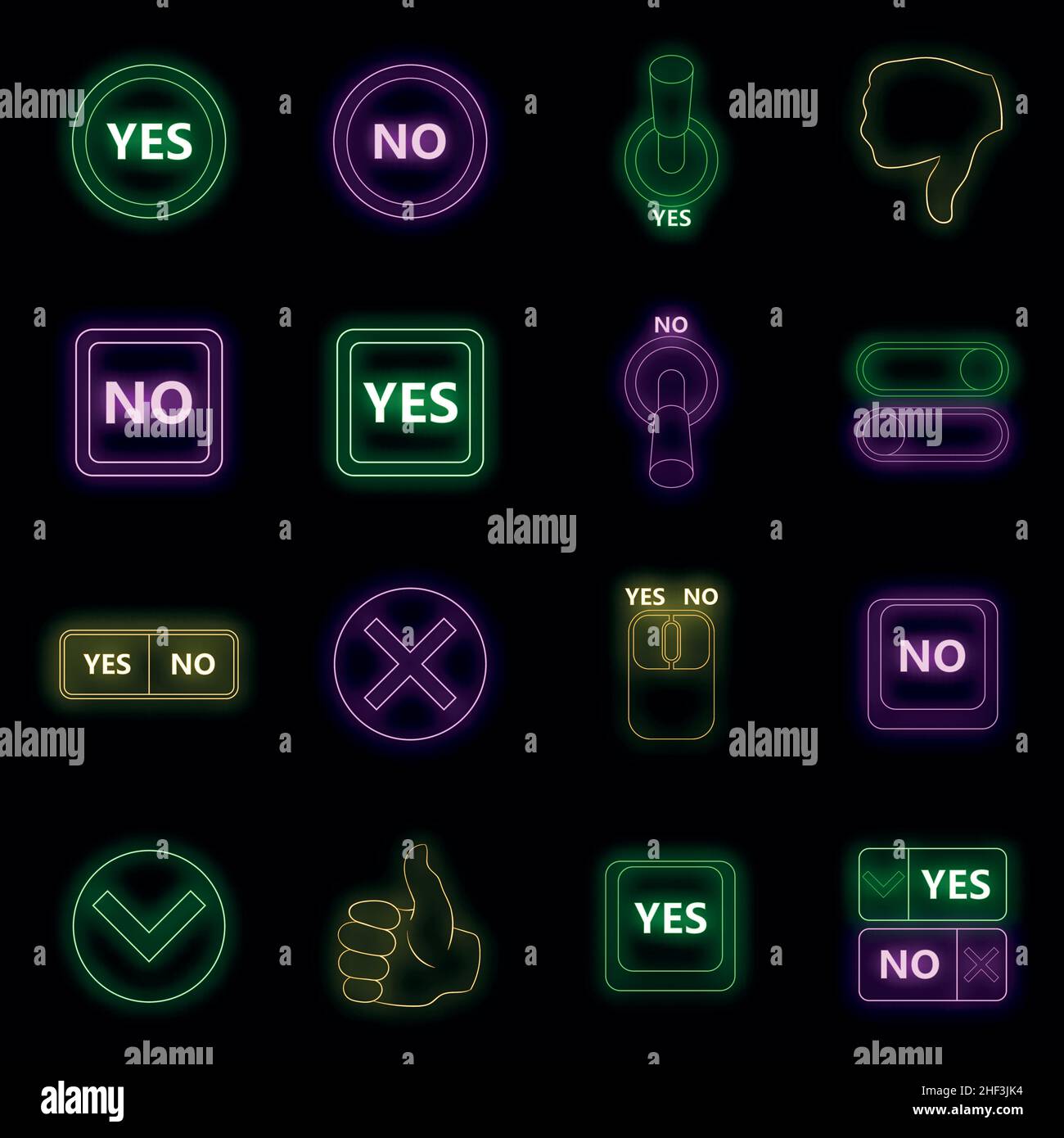 Yes no icons set. Illustration of 16 yes no vector icons neon color on ...