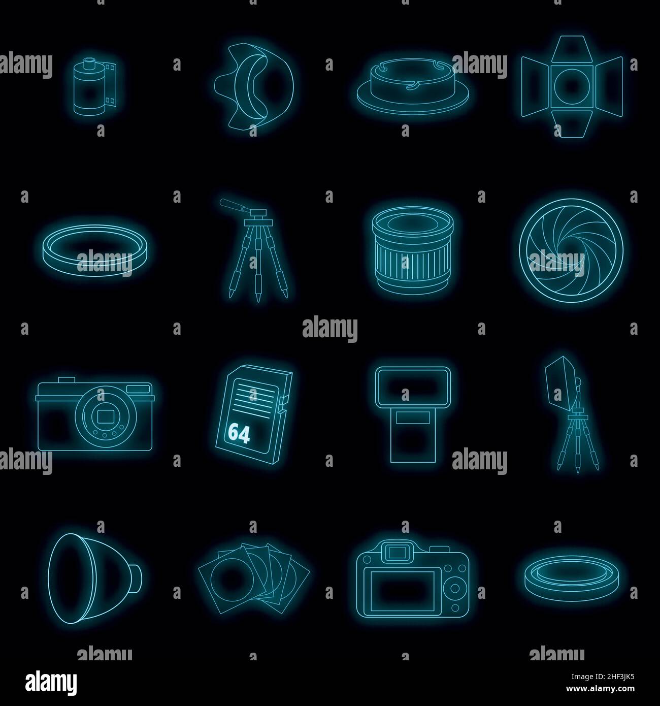 Photo studio icons set. Illustration of 16 photo studio equipment ...