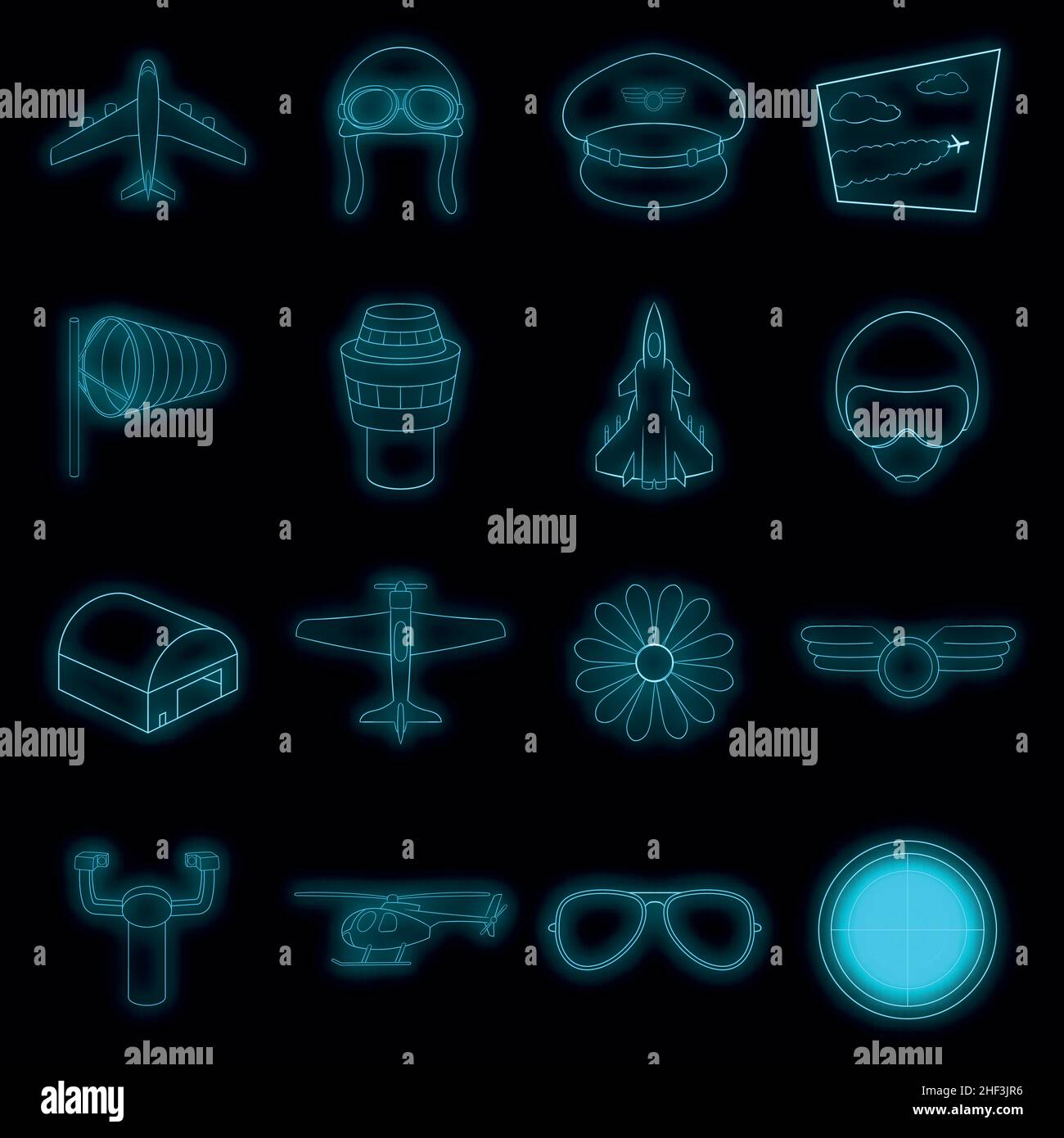 Aviation icons set. Illustration of 16 aviation vector icons neon color ...