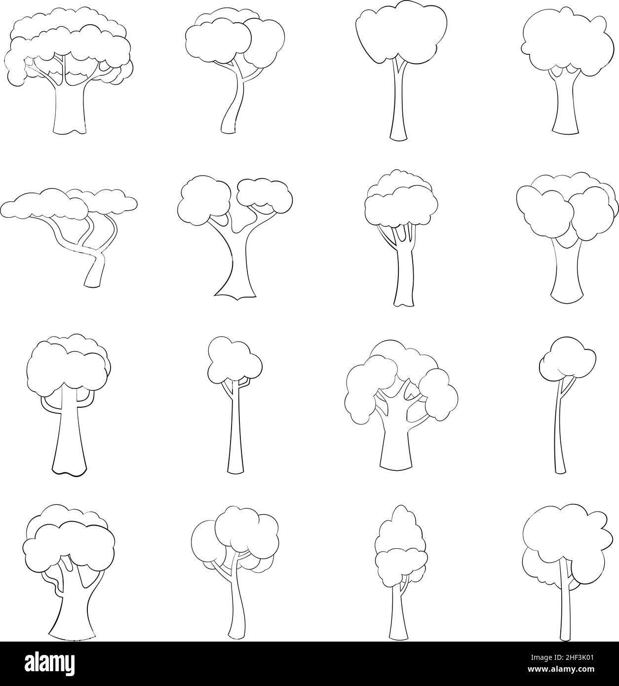 Green trees set icons in outline style isolated on white background ...