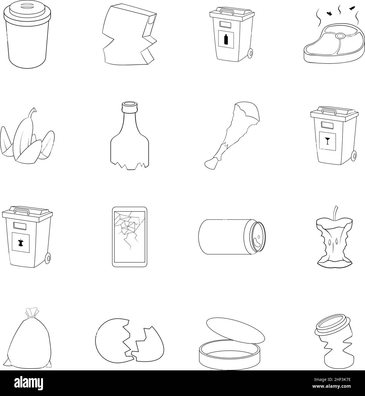 Garbage items set icons in outline style isolated on white background ...