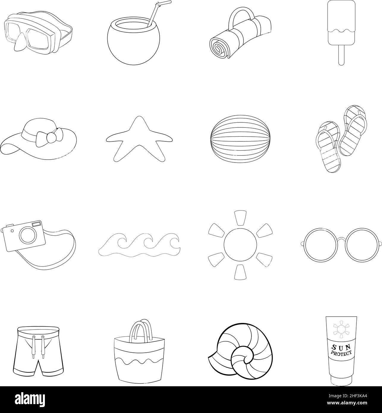 Summer items set icons in outline style isolated on white background ...