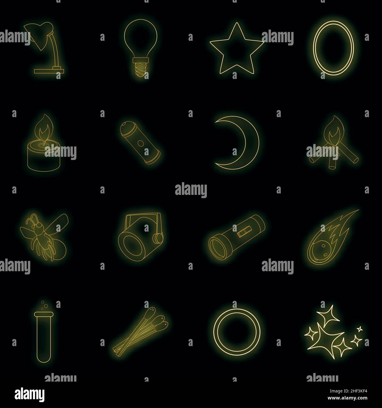 Sources of light icons set. Illustration of 16 sources of light vector ...