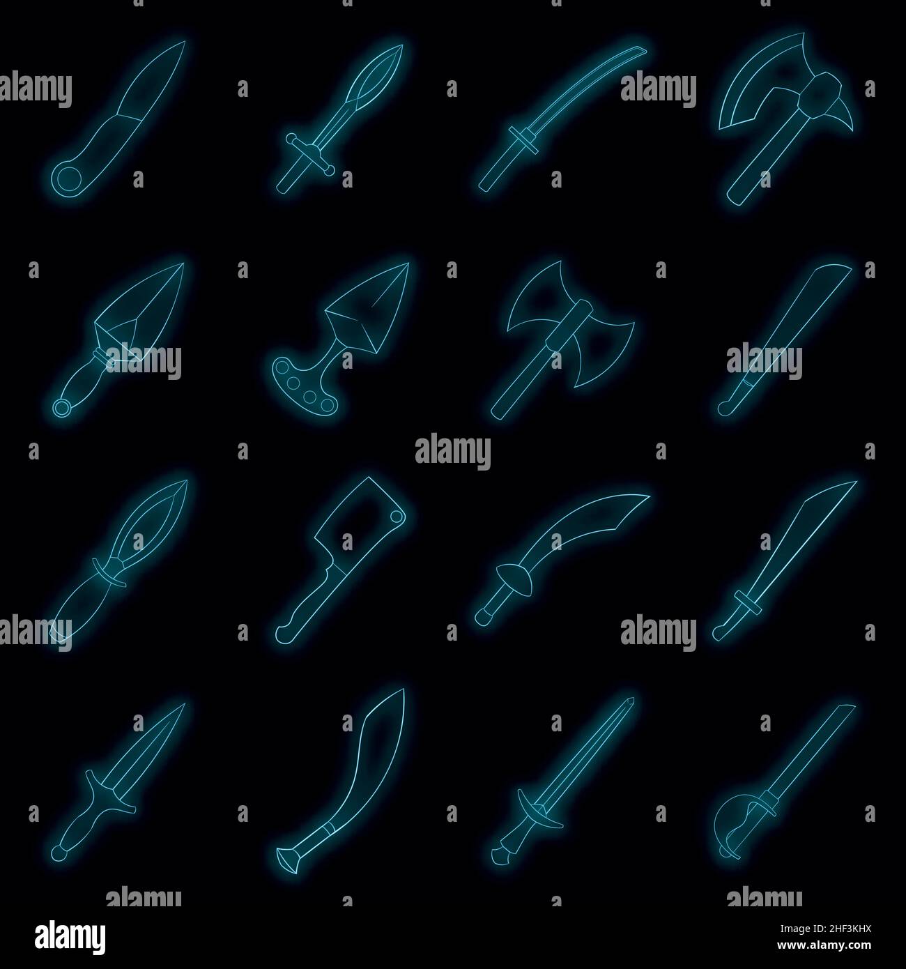 Steel arms icons set. Illustration of 16 steel arms vector icons neon ...