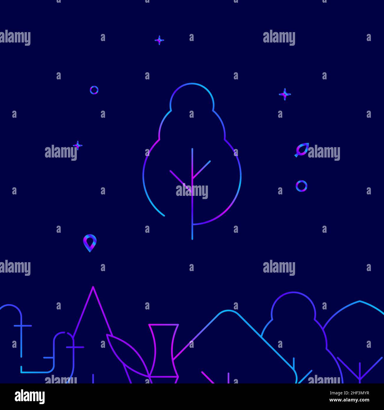 Deciduous tree gradient line vector icon, simple illustration on a dark ...