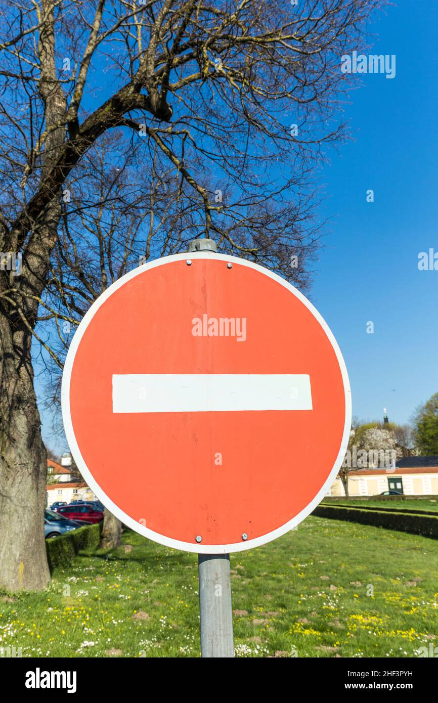 No entry for vehicles traffic sign against blue sky Stock Photo - Alamy