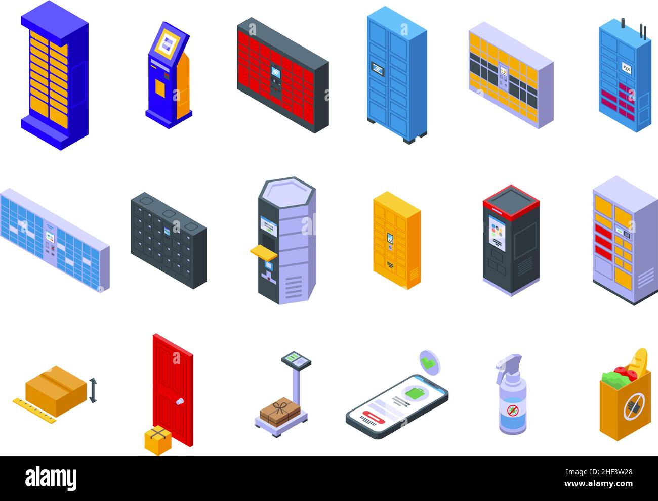 Self-service parcel delivery icons set isometric vector. Automat locker ...