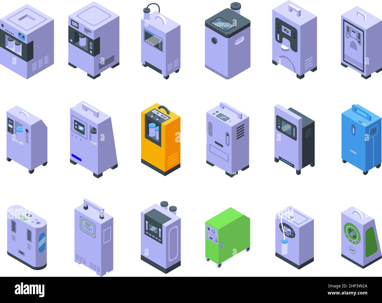 Medical oxygen concentrator icons set isometric vector. Doctor aid ...
