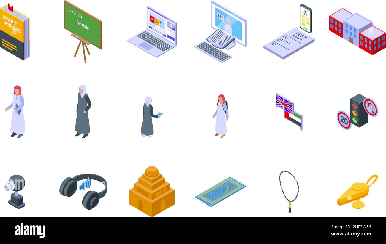 Arabic lessons icons set isometric vector. Arab joy. School lesson ...