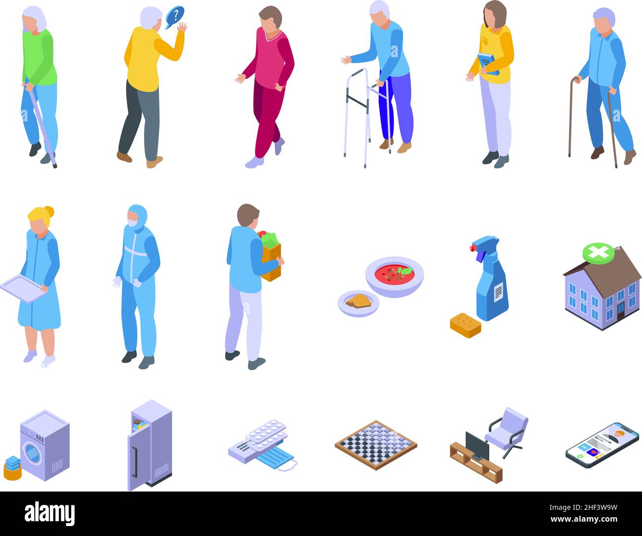 Home care services icons set isometric vector. Old care. Senior people ...