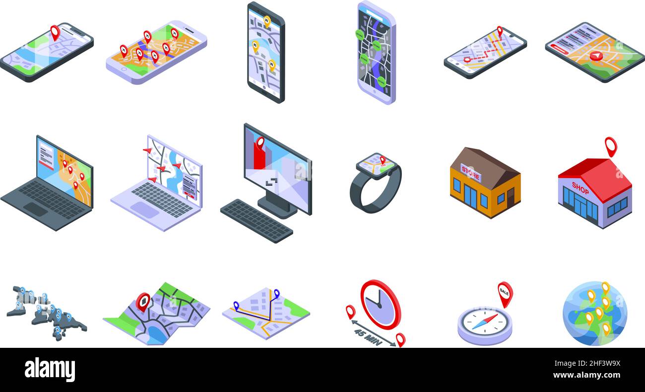 Store locator icons set isometric vector. Office travel. Area map Stock ...