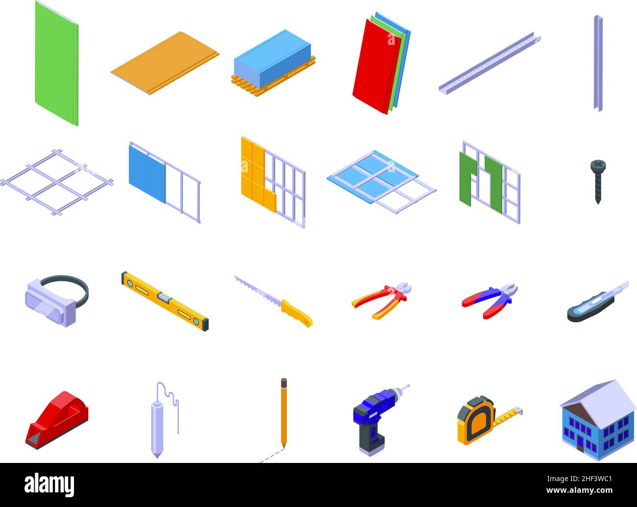 Drywall icons set isometric vector. House brush. Plasterboard ...