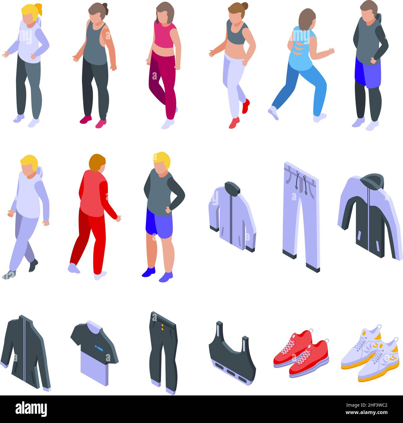 Workout fashion icons set isometric vector. Athlete body. Clothes wear ...