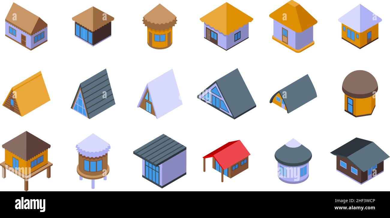 Bungalow icons set isometric vector. African apartment. Cabin cottage ...