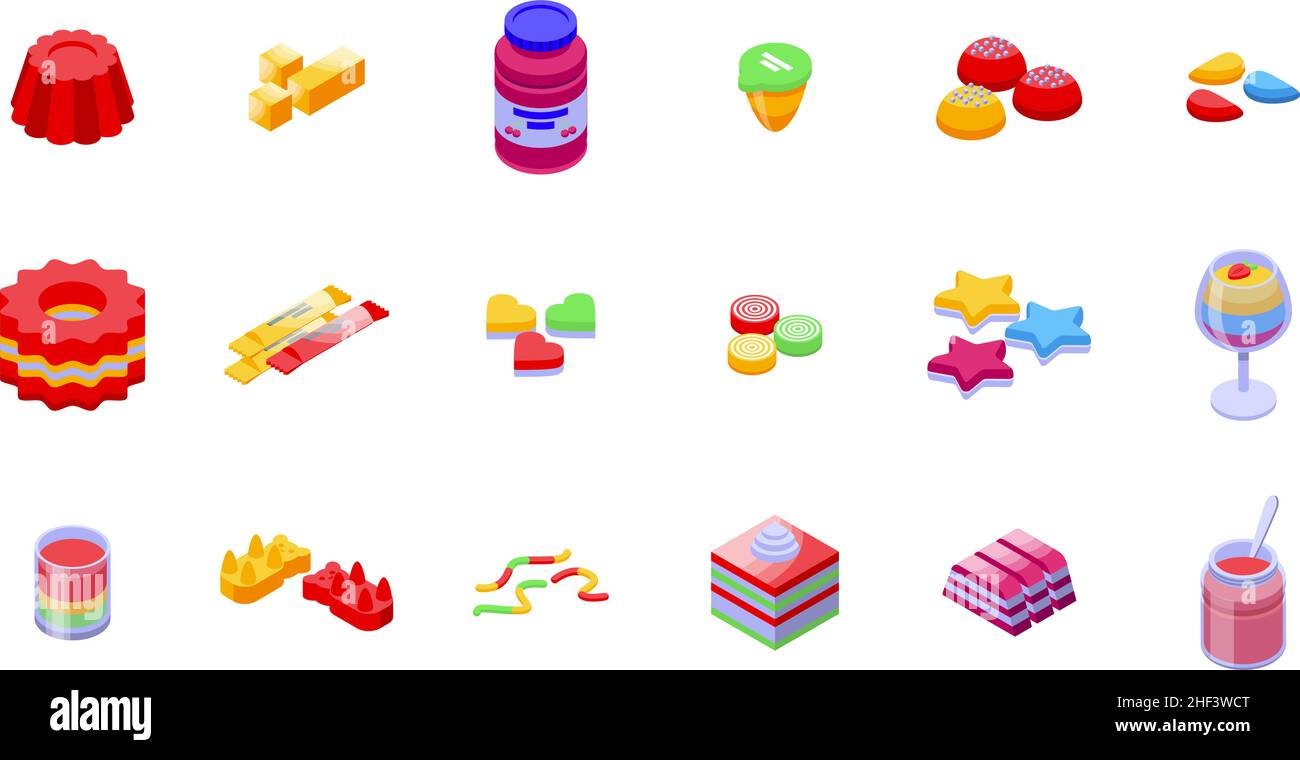 Jelly icons set isometric vector. Confectionery dessert. Frozen gelatin ...