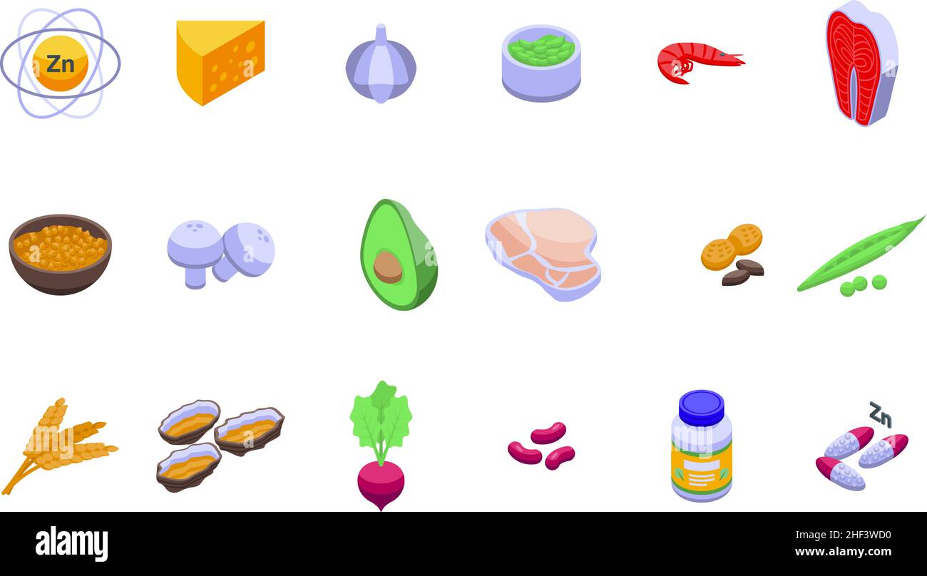 Zinc icons set isometric vector. Mineral supplement. Food vitamin Stock ...