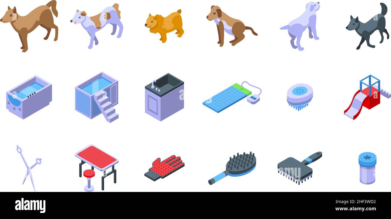 Dogs spa icons set isometric vector. Grooming shower. Spa bath Stock ...