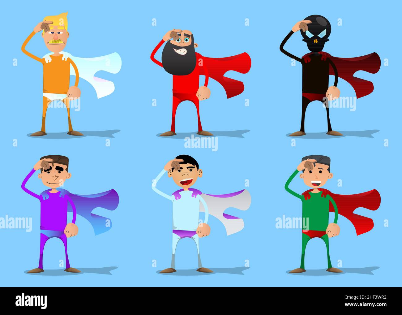 Funny cartoon man dressed as a superhero confused, scratching his head ...