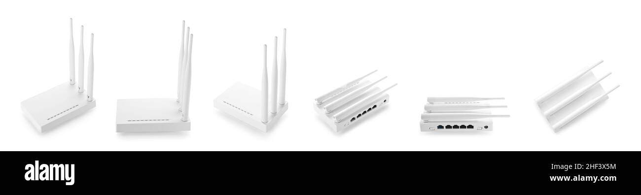 Modern wi-fi router on white background Stock Photo - Alamy