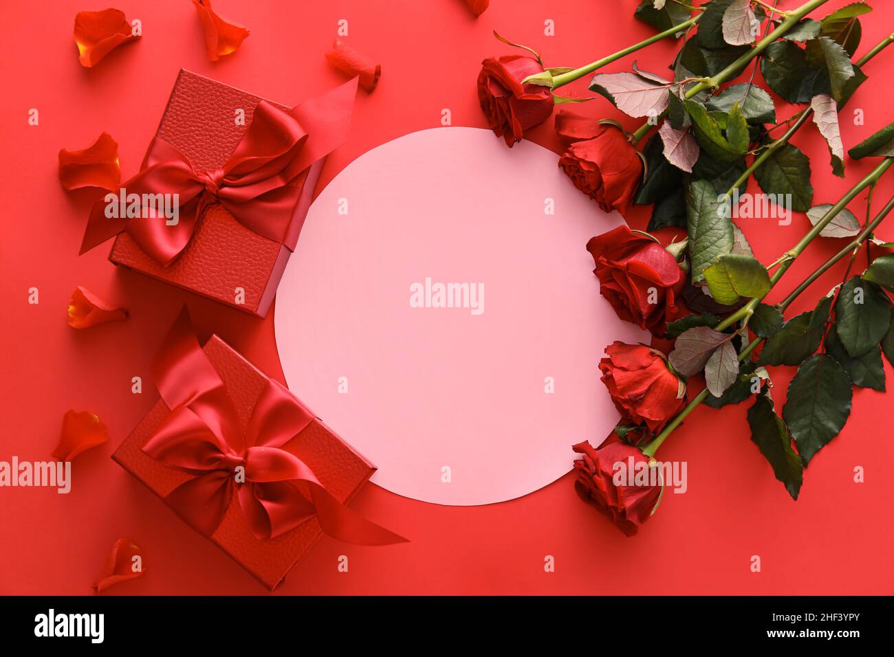 Composition with blank card, gifts for Valentine's Day and rose flowers ...