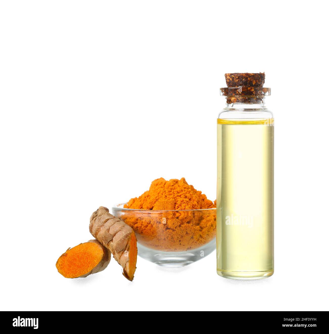 Bottle of oil, turmeric root and bowl with powder on white background ...