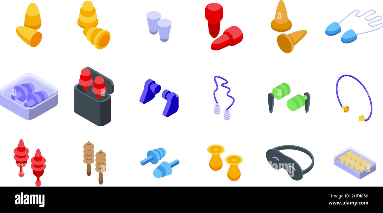 Earplugs icons set isometric vector. Ear device. Plug accessory Stock ...