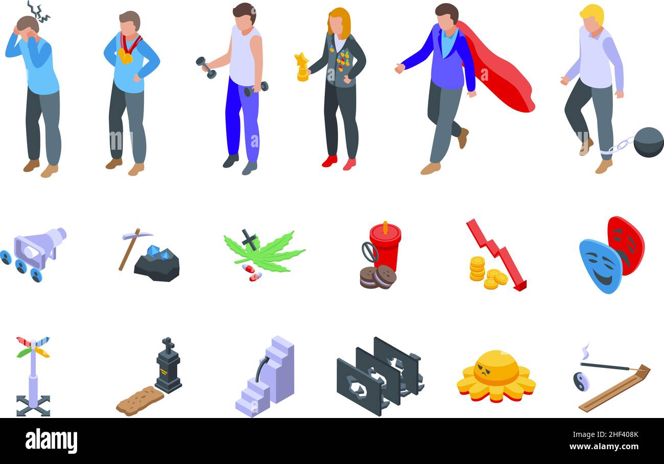 Coping skills icons set isometric vector. Stress love. Breath ...