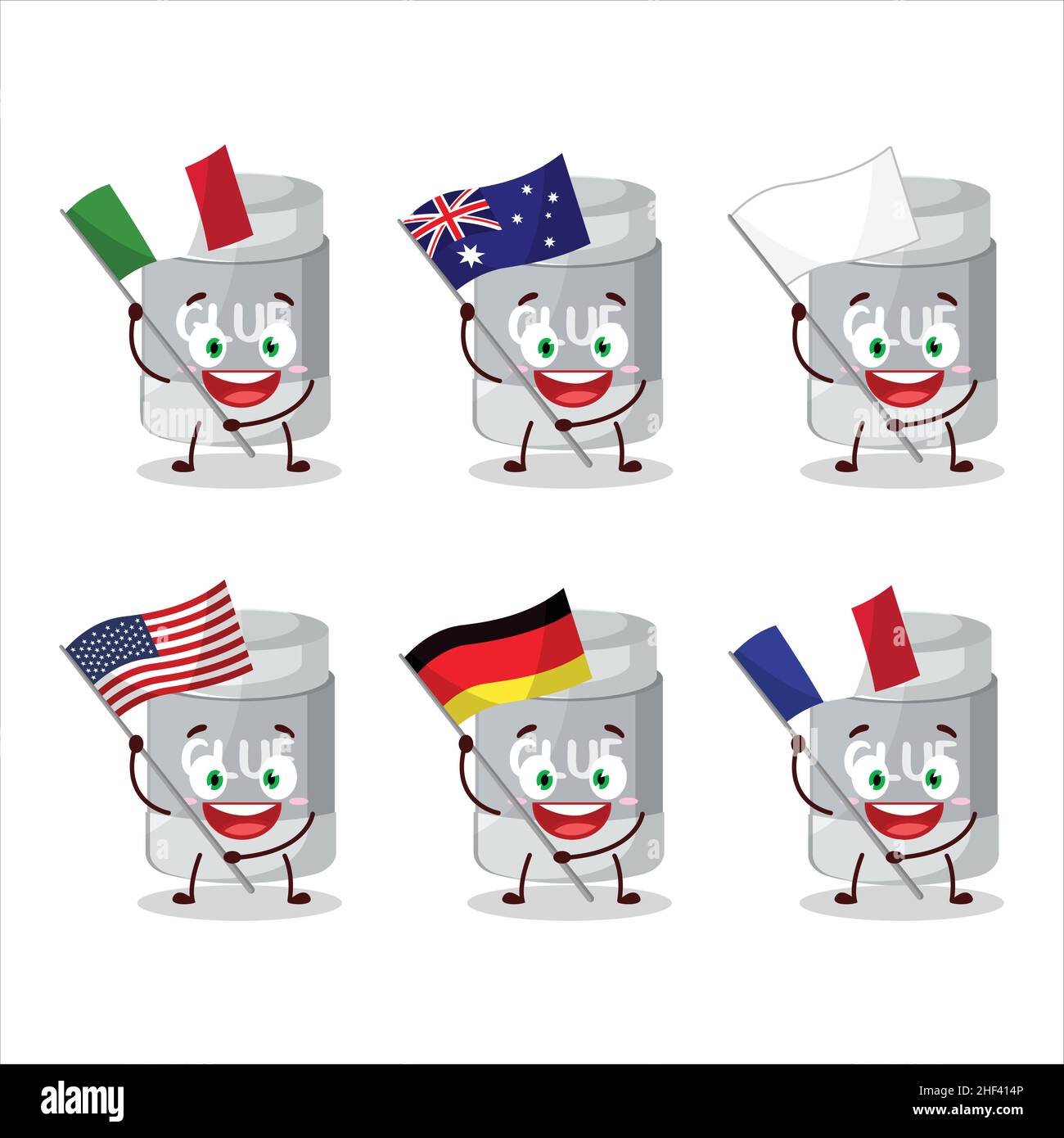 Glue stick cartoon character bring the flags of various countries ...