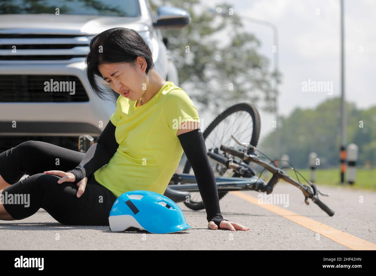 Accident car crash with bicycle on road Stock Photo - Alamy