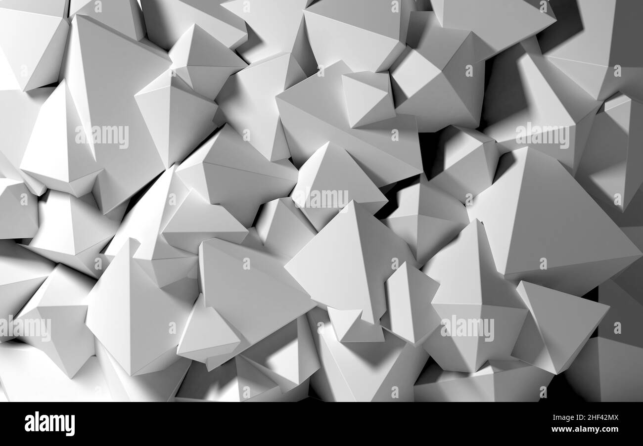 Abstract background with white 3D shapes flying in the light as a messy ...